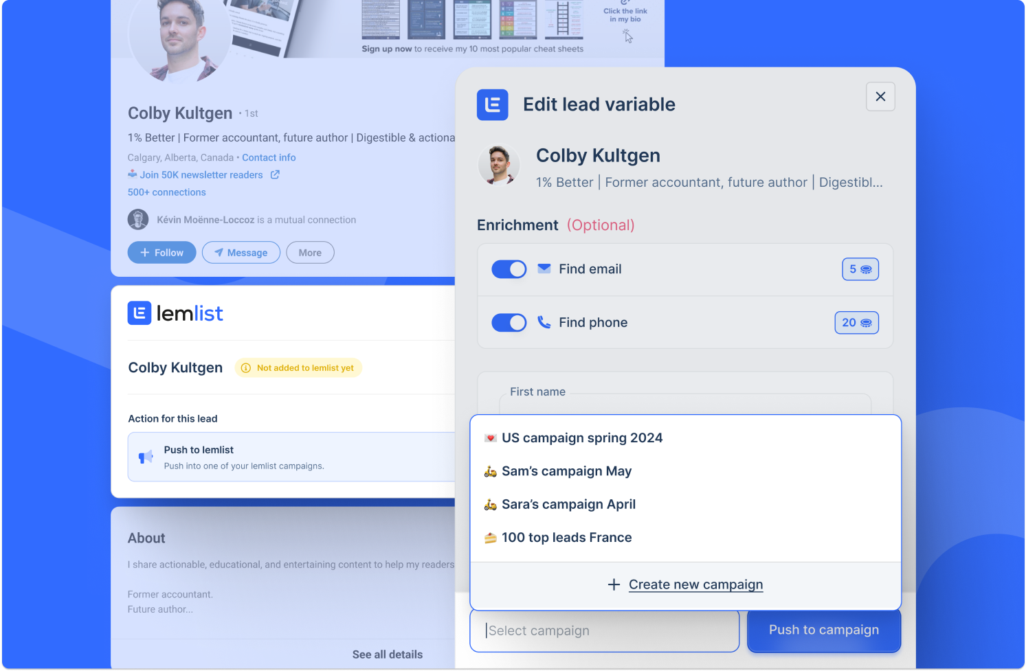 Get LinkedIn leads' verified data in 1 click with lemlist Chrome extension